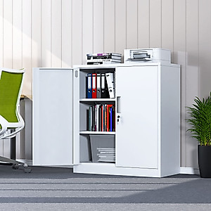 JINKUR Metal Storage Cabinet with Locking Doors and 2 Adjustable Shelves, Small Lockable Steel Storage Cabinets for Home Office Garage Kitchen Pantry (White)