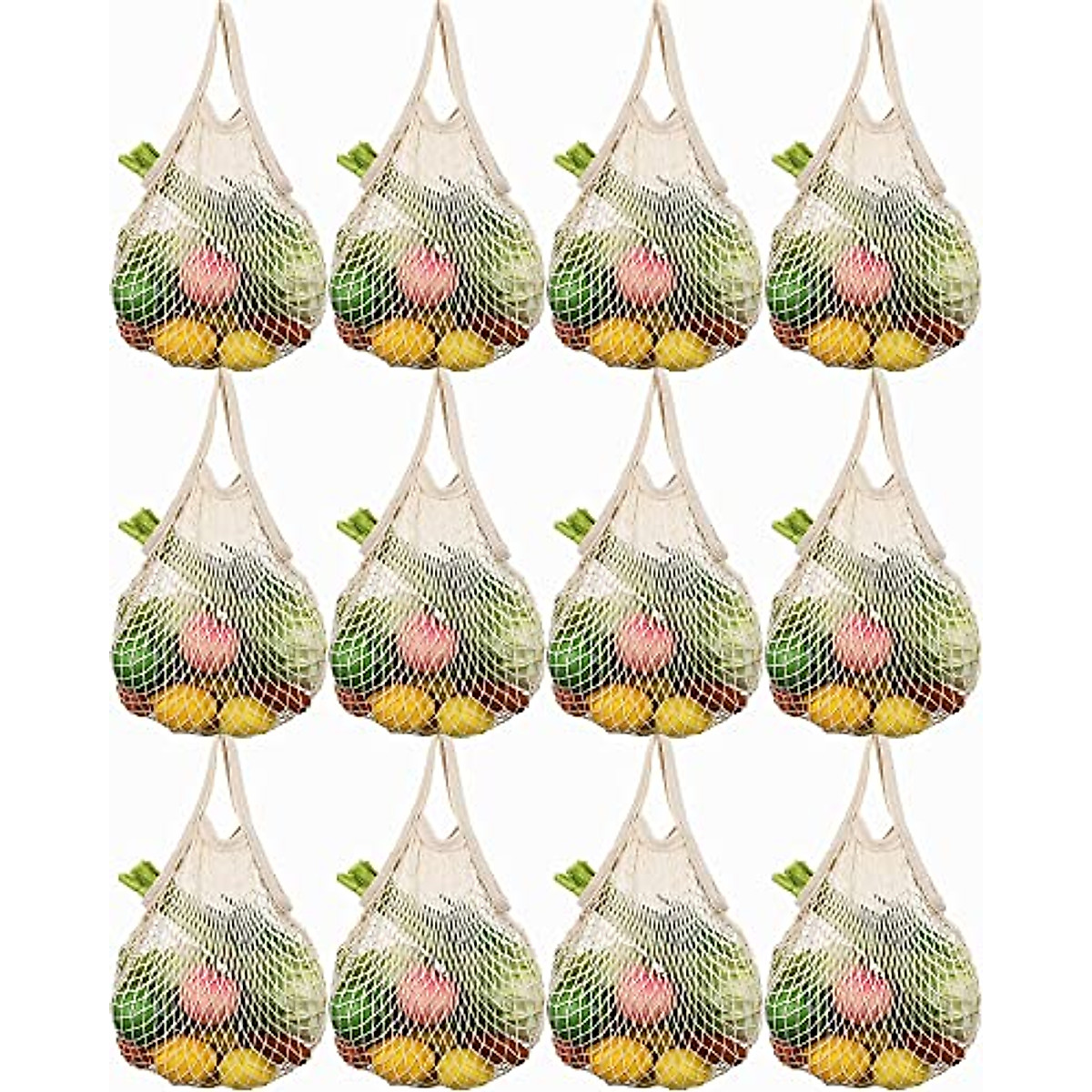 12 Pieces Reusable Mesh Grocery Bags Portable Cotton Mesh Produce Bags Washable Net Bag Mesh Reusable Tote Bag with Handle String Shopping Organizer Bag for Fruit Vegetable Shopping Storage Market