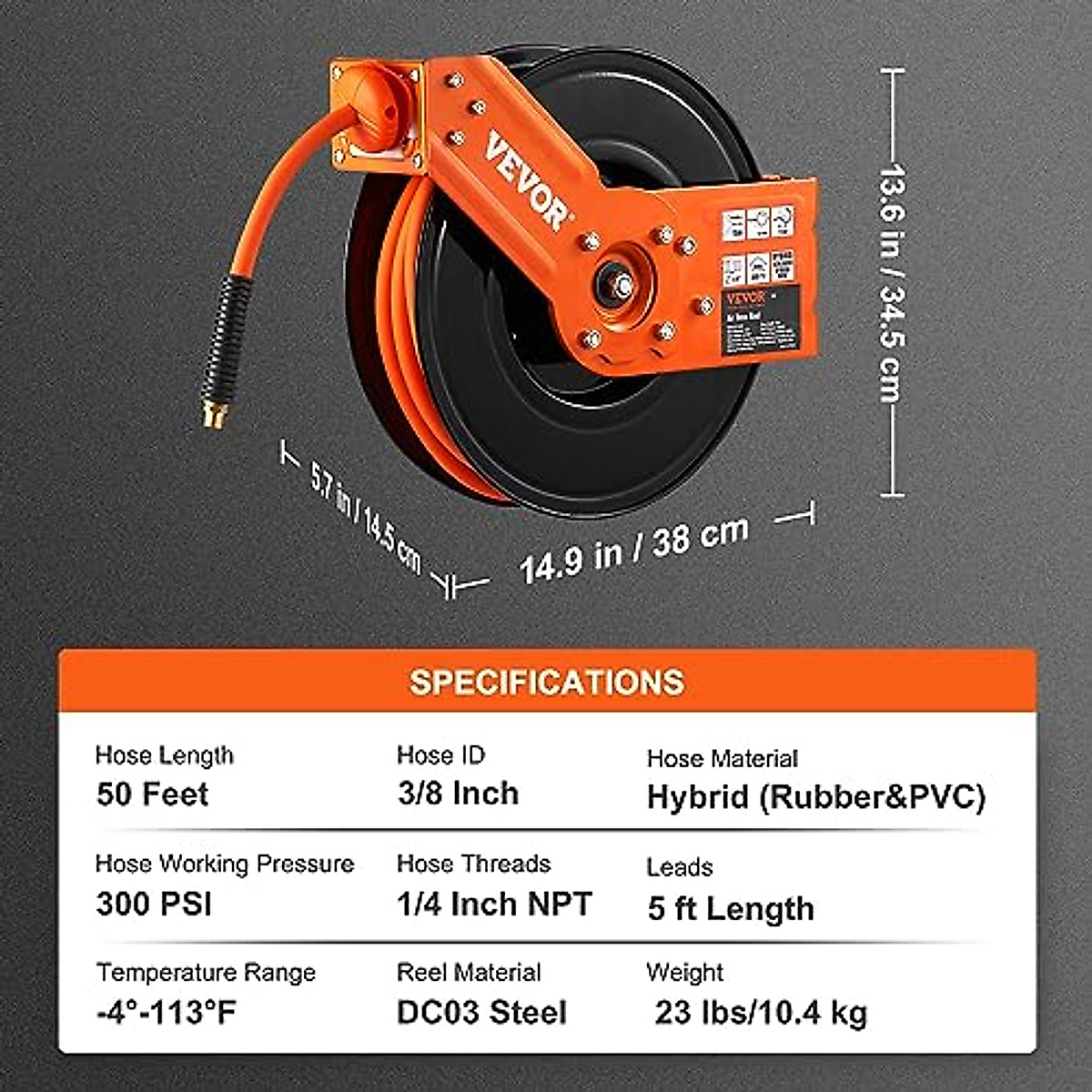 VEVOR Retractable Air Hose Reel, 3/8 IN x 50 FT Hybrid Air Hose Max 300PSI, Air Compressor Hose Reel with 5 ft Lead in, Ceiling/Wall Mount Heavy Duty Single Arm Steel Reel