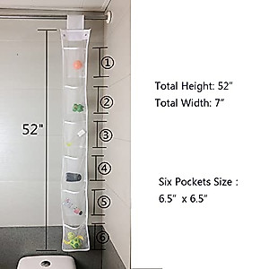 Sainal Hanging Mesh Shower Caddy Bag Long Storage Organizer with 6 Pockets Attaches to Shower Rod via Grommets or Hooks and Loop Strap for Bathroom (White)