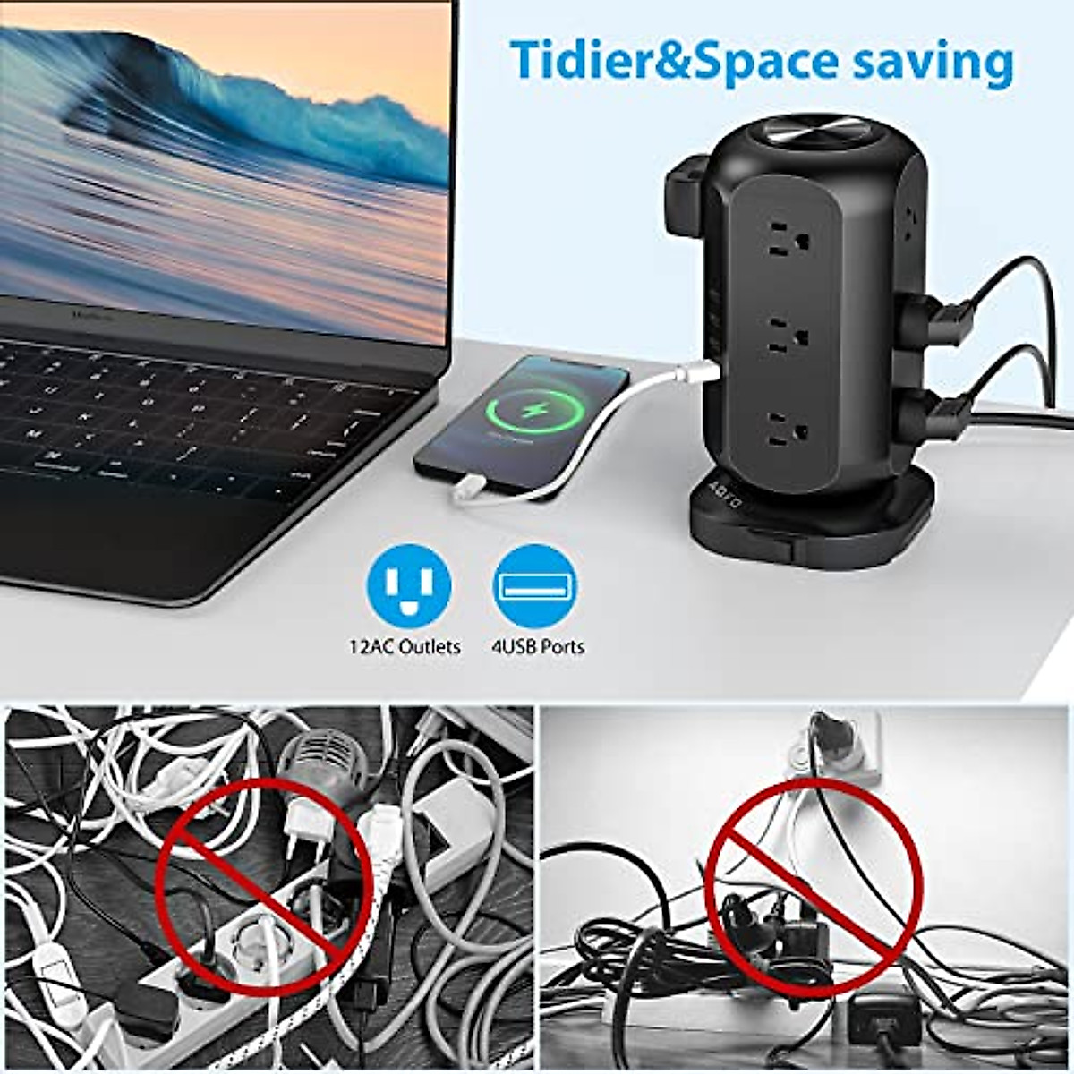 Power Strip Tower AOFO Surge Protector 12 AC Outlets with 4 USB Ports Charging Station with Overload Protection, Widely Spaced Multiple Outlets with 10Ft Long Extension Cord for Home, Dorm & Office