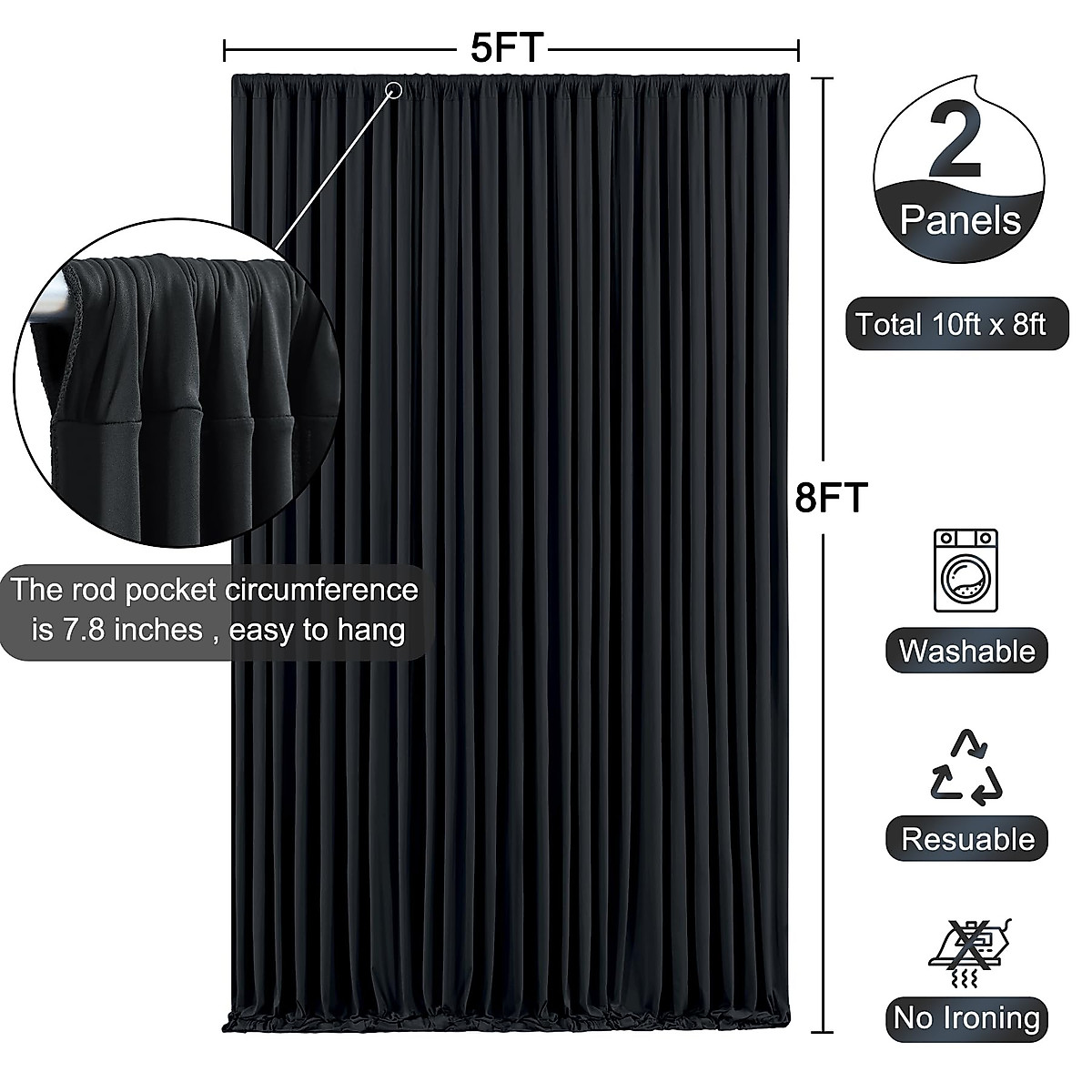 Black Backdrop Curtain for Parties Wrinkle Free Black Photo Curtains Backdrop Drapes Fabric Decoration for Birthday Party Wedding 5ft x 8ft,2 Panels