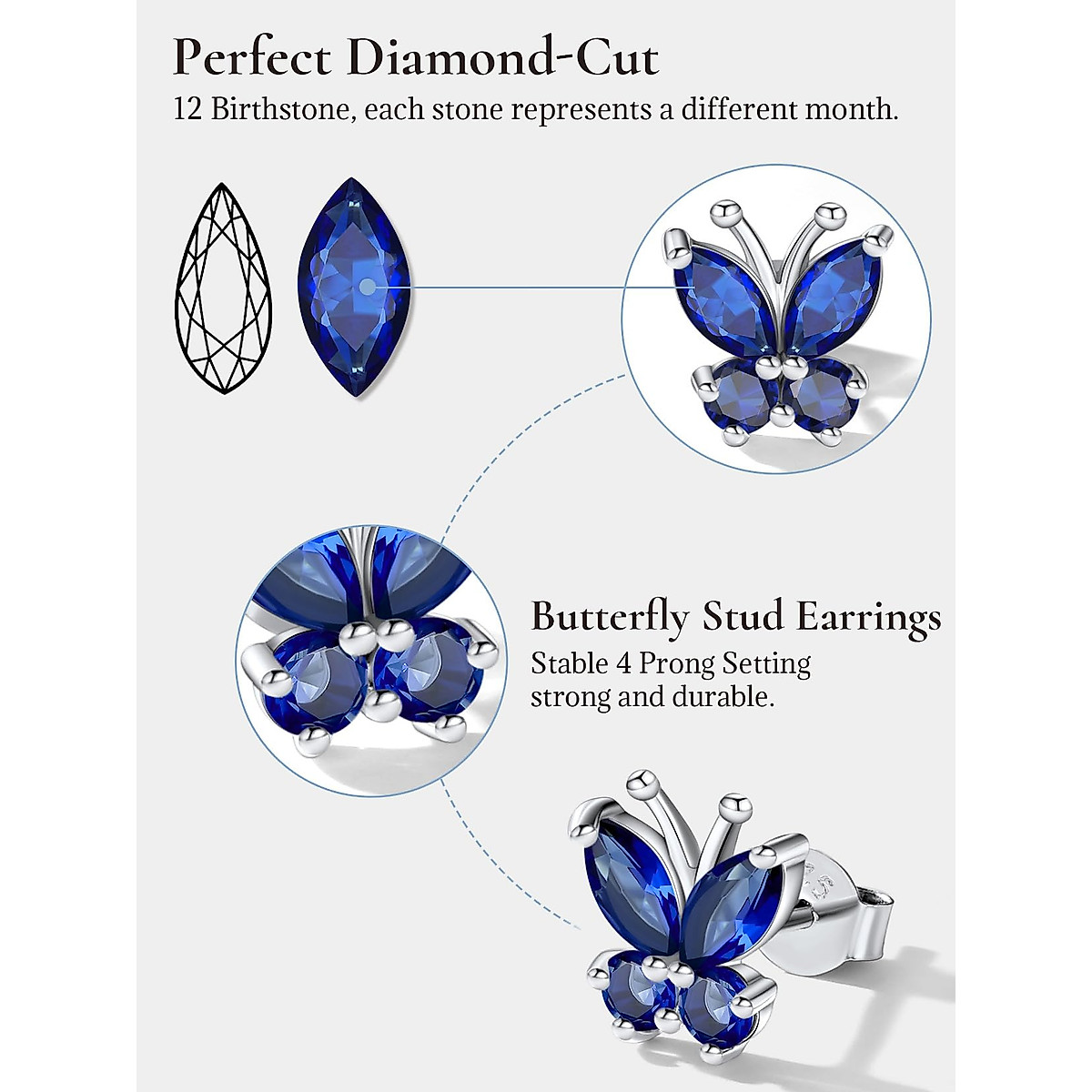 Women Sterling Silver Animal Stud Created Gemstone Sapphire Blue Butterfly Stud Earrings