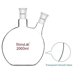 stonylab Flat Bottom Flask FBF, Heavy Wall 2-Neck Lab Flask Borosilicate Glass Flat Bottom Boiling Flask with 24/40 Standard Joint, 2000 ml (2 L)