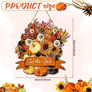Tradder Thanksgiving Floral Welcome Sign for Front Door Hello Fall Hanging Plaque Farmhouse Sunflower Pumpkin Fall Door Hanger Mason Jar Harvest Autumn Wood Sign for Indoor Outdoor Home Yard