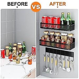 Aufworld Magnetic Spice Rack for Refrigerator, 3 Pack Magnetic Shelf, Moveable Magnetic Fridge Organizer with 8-Hook Rack, Seasoning Organizer for Kitchen Organization and Storage (3 Pack)