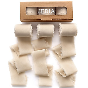 JEDIA Chiffon Ribbon, 3 Rolls Champagne Beige Handmade Fringe Chiffon Silk Ribbons, 1.5" x 7Yd Chiffon Ribbon Set for Gift Wrapping, Wedding Invitations, Bouquet Wrap, Bridal Bouquets, DIY Crafts