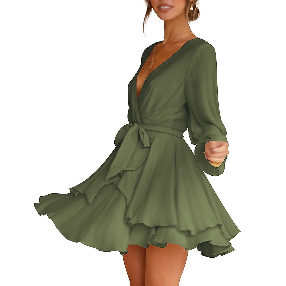 Cosonsen Womens Short Dresses Deep V-Neck Long Sleeve Flare Hem Mini Dress Green XL