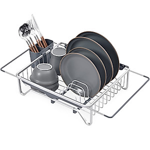TOOLF Expandable Dish Rack, Aluminum Over The Sink Rack Adjustable Dish Rack in Sink Or On Counter Dish Drainer with Utensil Holder Rustproof for Kitchen