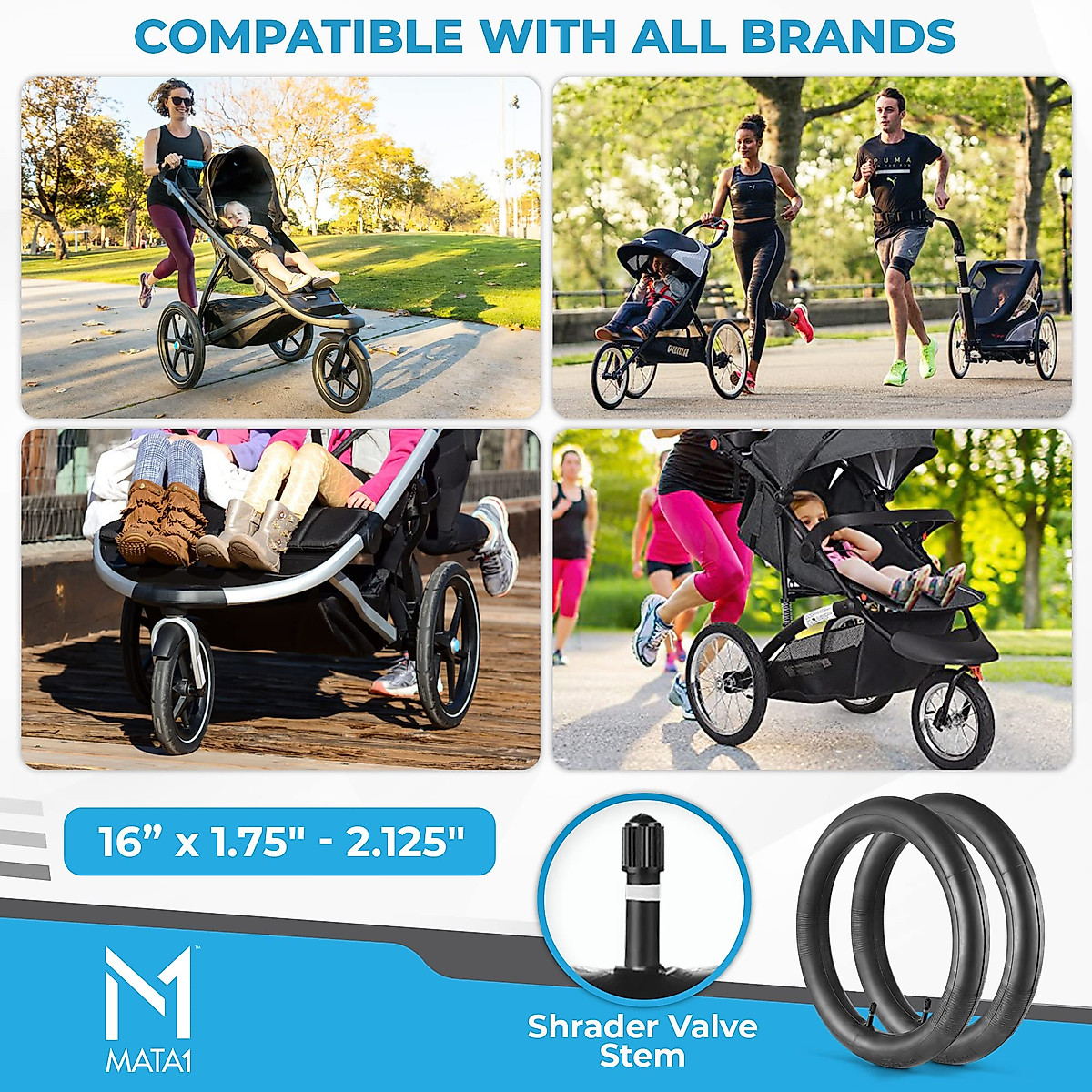 2 Inner Tube Tire Replacements 16" x 1.5/1.75/1.95/2.125 for Jogging Stroller - Compatible w/All Brands: BoB Revolution Flex/Pro/SE/SU, Graco, Go Jogging, Thule Urban Glide & More by Mata1-USA
