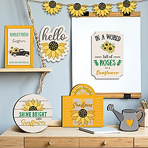 7 Pieces Summer Tiered Tray Decor Set Summer Wood Sign Rustic Farmhouse Decor Wooden Kitchen Tiered Tray Sign Decorative Trays Signs for Summer Home Kitchen Table Shelf (Sunflower Style)