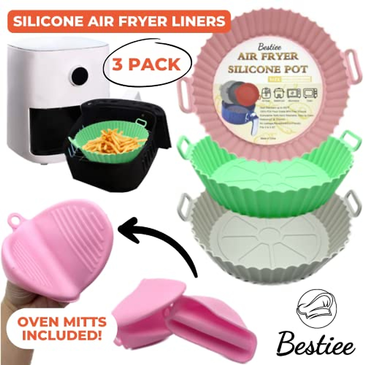 Bestiee 3-Pks Reusable Air Fryer Liners with Mitten | Fits for 3 to 7 QT | 8" Round Thick Non-Stick Food Grade Air Fryer Silicone Liners | Non-Flammable Air Fryer Liners Reusable | Green,Pink,Gray