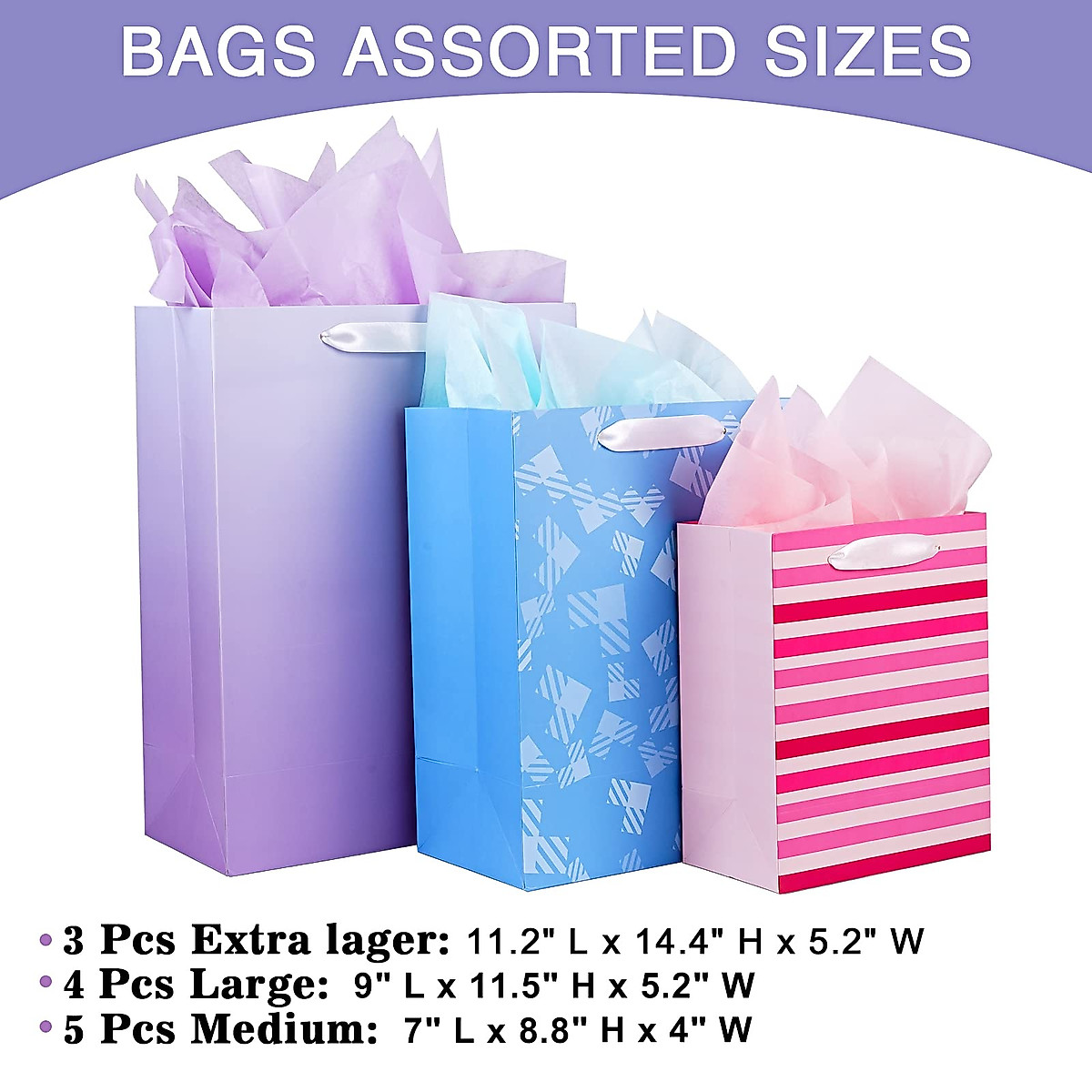 12 Pack Gift Bags Assorted Sizes and Designs, Gift Bags Bulk with Tissue Paper (5 Medium 8", 4 Large 11", 3 Extra Large 14") for Birthday, Baby Showers, Bridal Showers, Easter Day Any Occasion