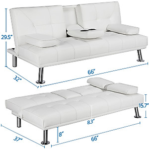 Yaheetech Modern Sofa Bed Faux Leather Sofa Convertible Folding Futon Couch with Armrest Home Recliner Home Furniture for Living Room White