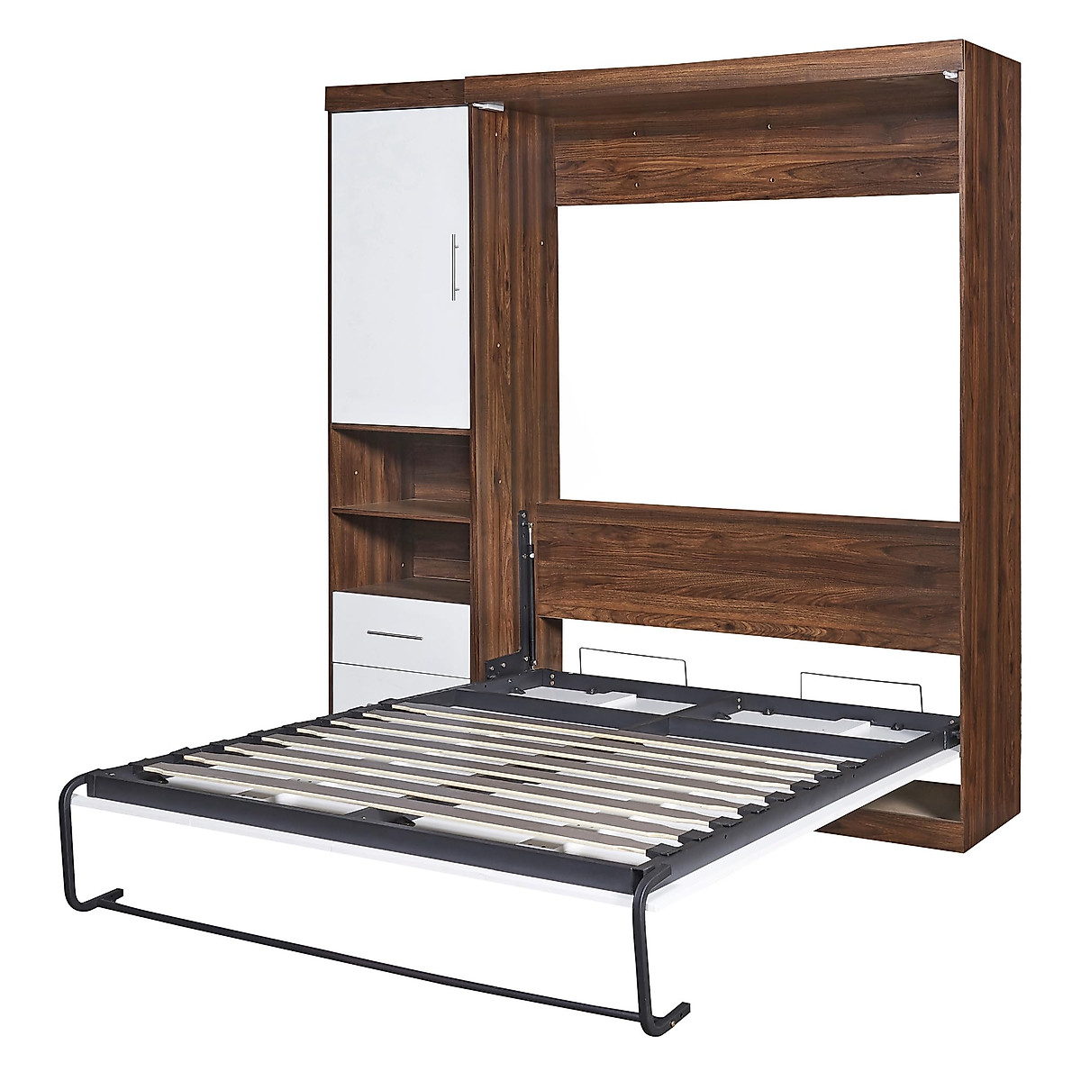 LZ LEISURE ZONE Full Size Murphy Bed, Wood Wall Bed Full Murphy Cabinet Bed with Drawers and Shelves, White+Wood