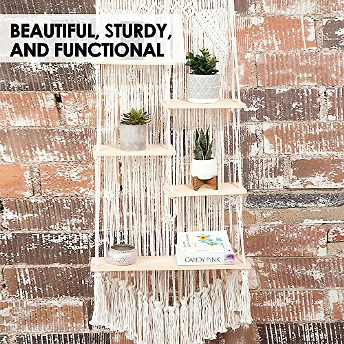 Macrame Wall Hanging Plant Decor Shelf, Tall Ladder Shelf, 5 Tier Indoor Handmade Plant Shelves, Large Boho White Beige Hanging Floating Hand Woven Rope for Bedroom, Bookshelf (60" H x 24" W)
