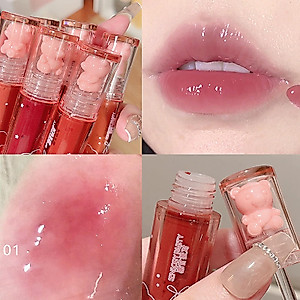6Pcs Bear Lip Glaze Jelly Lipstick, Liquid Lipstick Cute Bear Lipgloss Moisturizing Lip Stain Plumping Water Lip Gloss Waterproof Long Lasting Cheek Rouge Tint Cosmetics Beauty Makeup