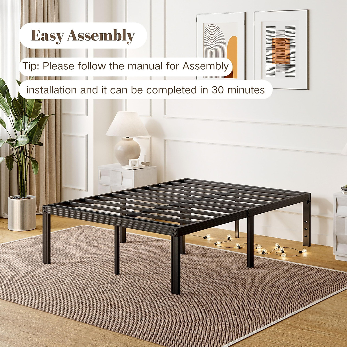 ZIYOO Queen Size Bed Frame, 18 Inches Platform Bed Frame, 3500lbs Heavy Duty Steel Slat, Non-Slip Design, No Box Spring Needed, Easy Assembly, Quiet Noise Free, Under Bed Storage Space, Black