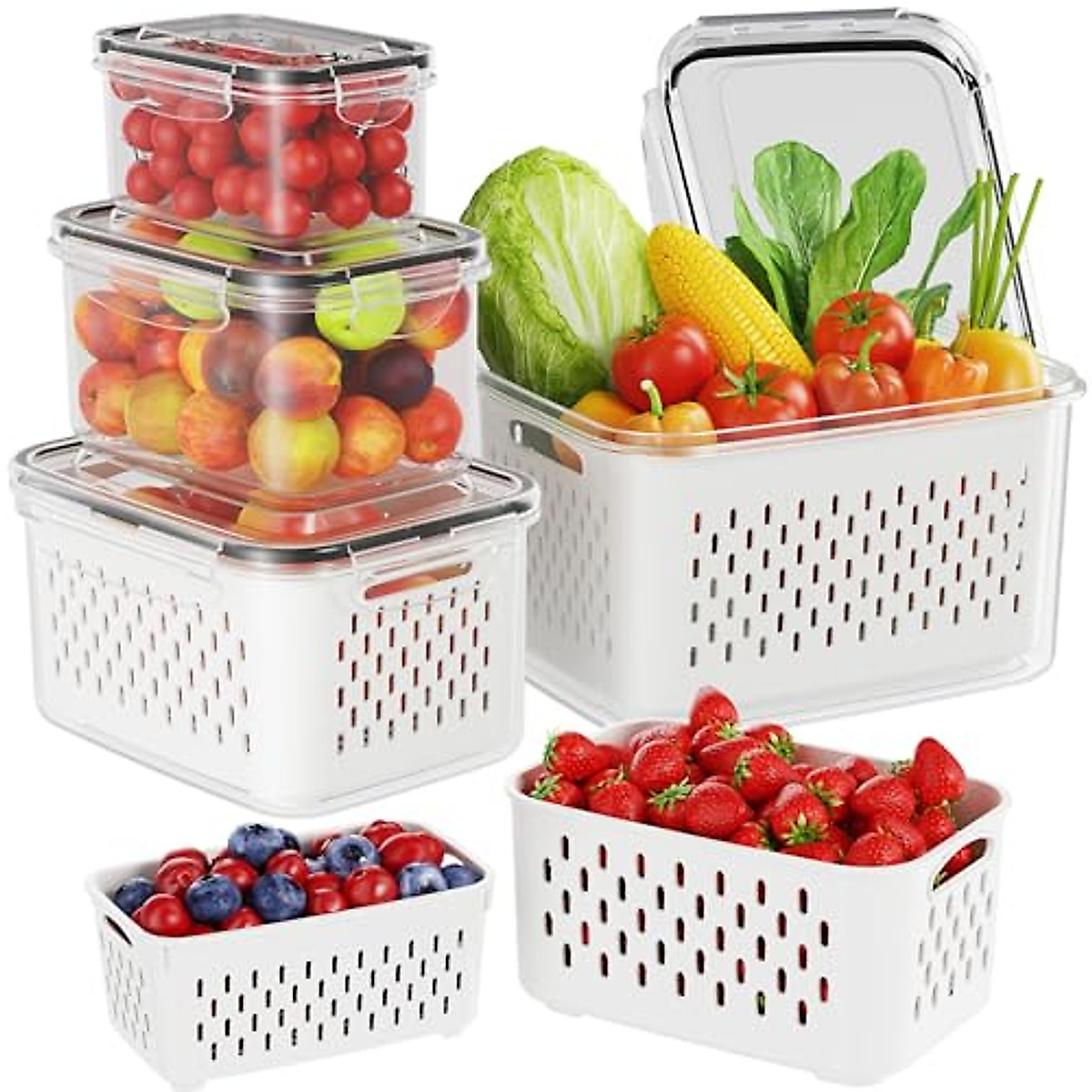 Tuuveeca 4 Pack Fruit Containers for Fridge,Stackable Refrigerator Organizer Bins with Removable Colander,Dishwasher & Microwave Safe Produce Containers Keep Fruits, Vegetables, Meat Fresh longer
