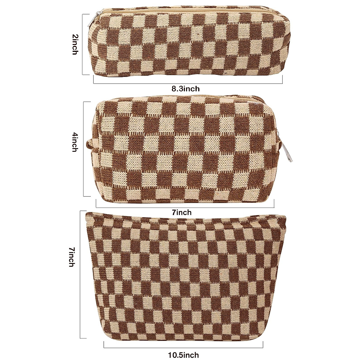 Large Capacity Makeup Bag Set - 3 Pieces Checkered Cosmetic Bag for Women Travel Makeup Bag Organizer Cute Makeup Brushes Storage Bag Travel Toiletry Bag Storage Bag for Women,Brown