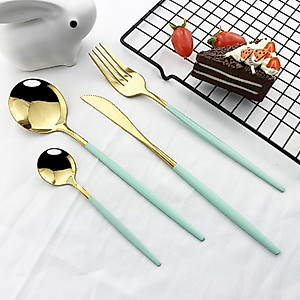 JASHII Flatware Serving Set 24 Piece, Stainless Steel Silverware Set, Mint Green Gold Cutlery Set, Modern Elegant Tableware Set for Party, Christmas, Dinner (Mint Green Gold)