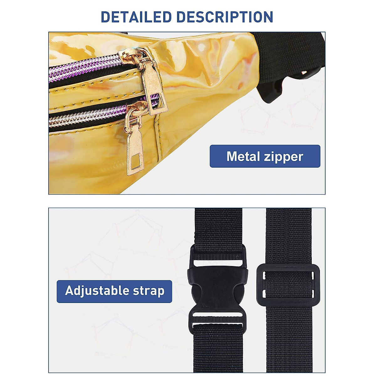 LIVACASA Holographic Fanny Packs for Women Cute Waist Packs Shiny Waist Bum Bag Waterproof for Travel Party Festival Running Hiking Gold