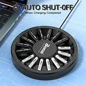 BONAI 16 Bay Battery Charger AA AAA with Rechargeable AA Batteries and Rechargeable AAA Batteries, Ni-Mh Rechargeable Batteries with Charger(Round-Design)