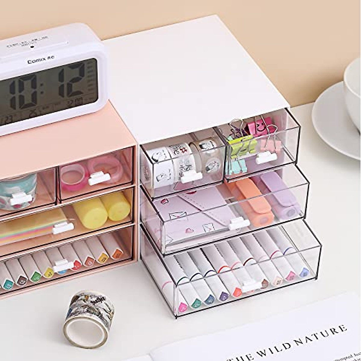 Comix Desk Organizer with Drawer, Desk Storage Box with 4 drawers, Plastic Office Stationery Supplies Organizers, Desktop Organizer for Office School Home (White)