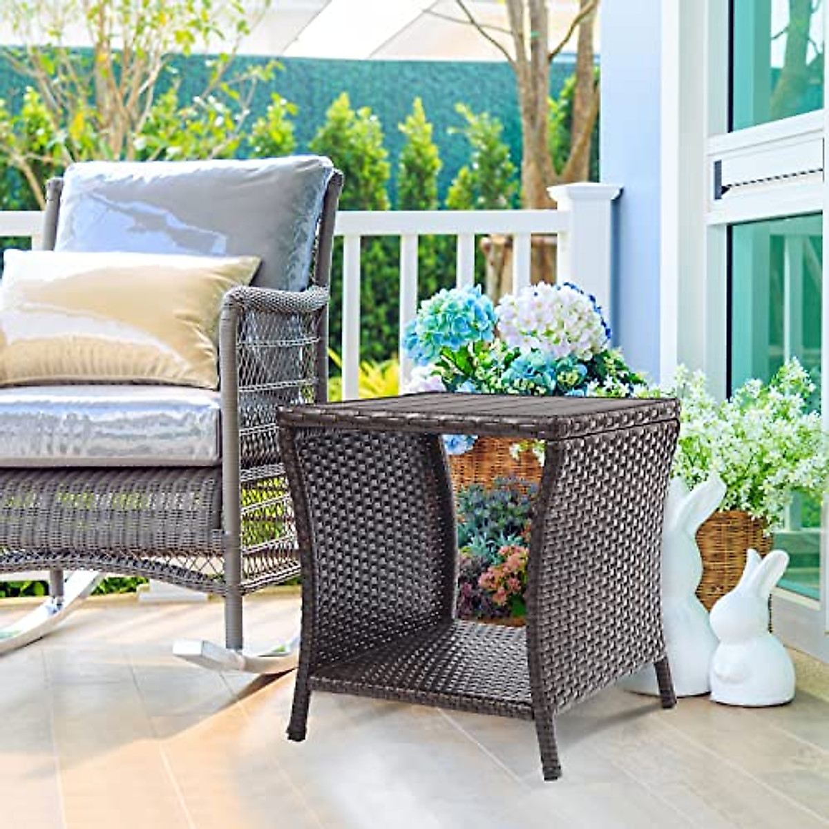 Outdoor Side Table for Patio Small Rattan Wicker Coffee Table Balcony Table Outside End Table with Poly Lumber Table Top & Storage Bistro Table for Garden Pouch Deck Living Room Backyard Brown