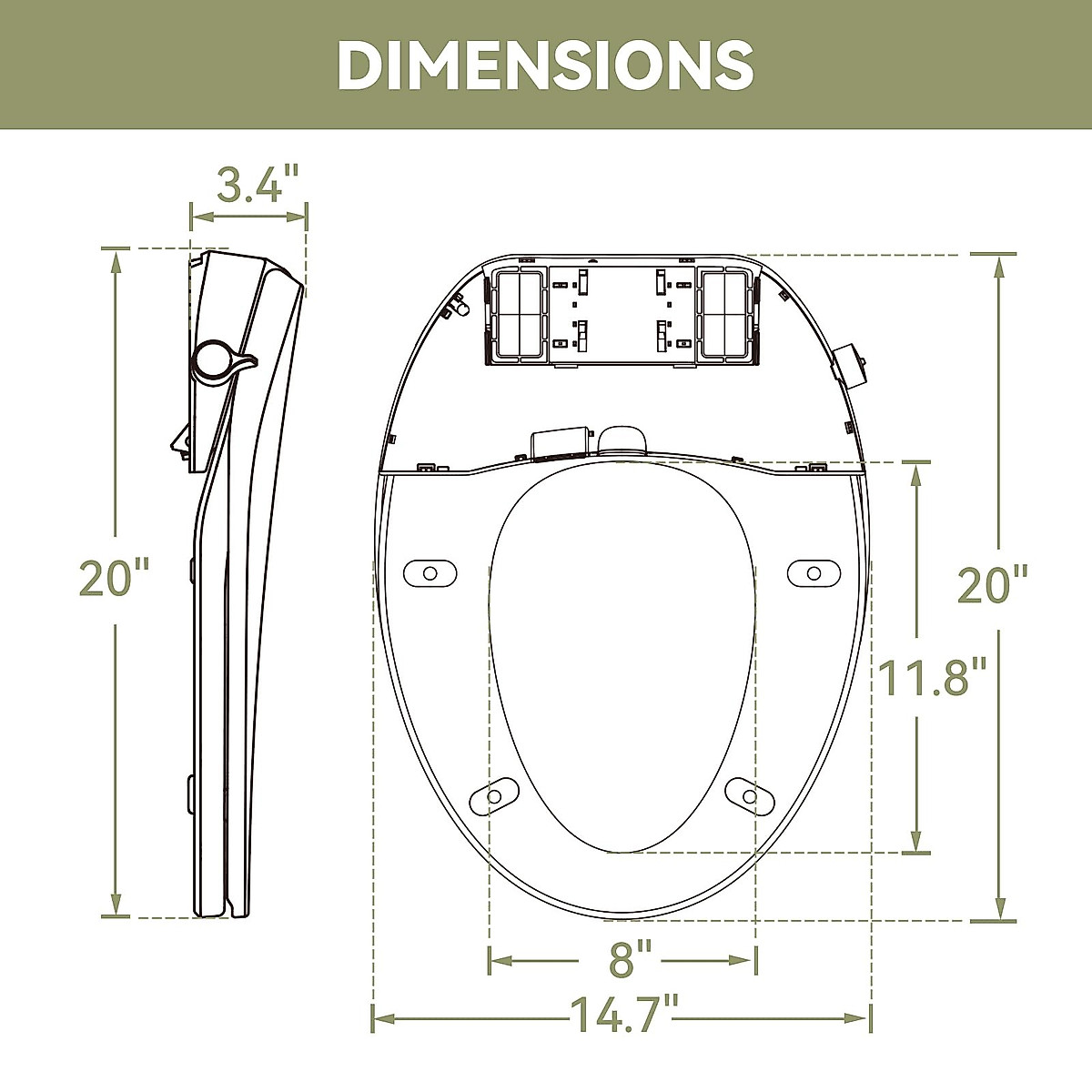 HOROW B0400 Elongated Bidet Toilet Seat, Non-Electric Bidet Toilet Attachment Fits for T0338W Toilet, Adjustable Nozzles Seat with Soft Closing & Quick Release Lid, White Side Button Control