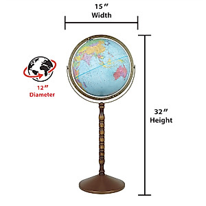 Treasury 12" Diameter Globe, USA Cartography, Convertible to Desktop with Raised Mountain Relief and Sturdy Metal Base and Hand Turned Hard Wood Stand.This economical 12” floor model stands 32” high on a durable metal base and attractive wooden pedestal.