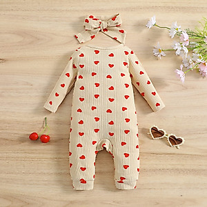 BOUTIKOME Infant Baby Girl Valentines Day Outfit Love Heart Print Footie Romper Ruffle One Piece Onesie Newborn Headband(Beige-10,12-18M)