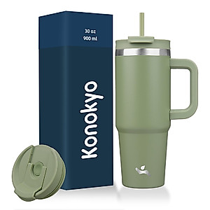 Konokyo 30 oz Tumbler with Handle and 2 Straws,2 in 1 Lid Insulated Water Bottle Stainless Steel Travel Coffee Mug,Army Green