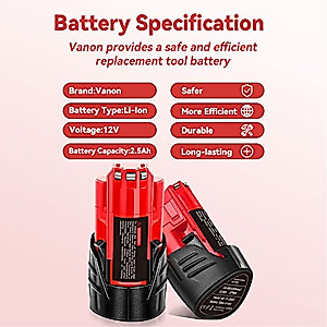 VANON 4-Pack 12V 2500mAh Lithium-ion M-12B Replacement for Milwaukee 12V Battery 48-11-2411 48-11-2420 48-11-2401 48-11-2402 48-11-2401