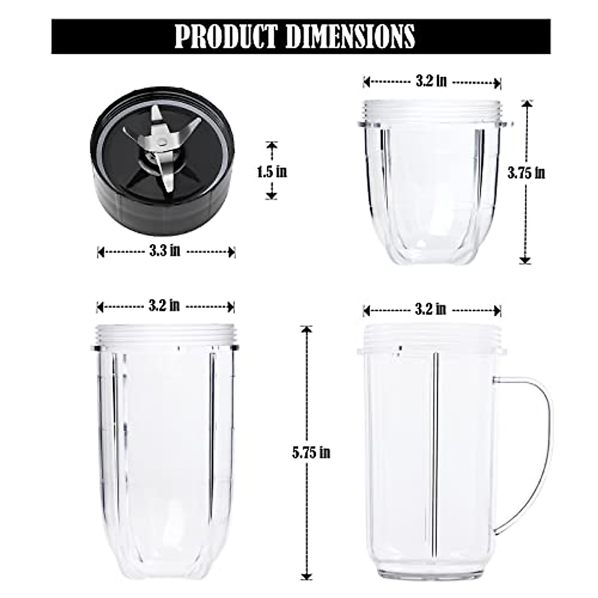 11 PCS Blender Replacement Parts Cross Blade 16OZ Replacement Cup with Handle,12OZ Short Cup with Lip Ring and Stay-Fresh Lid Replacement Cups Compatible with Magic Bullet Blender Cups MB1001 Series