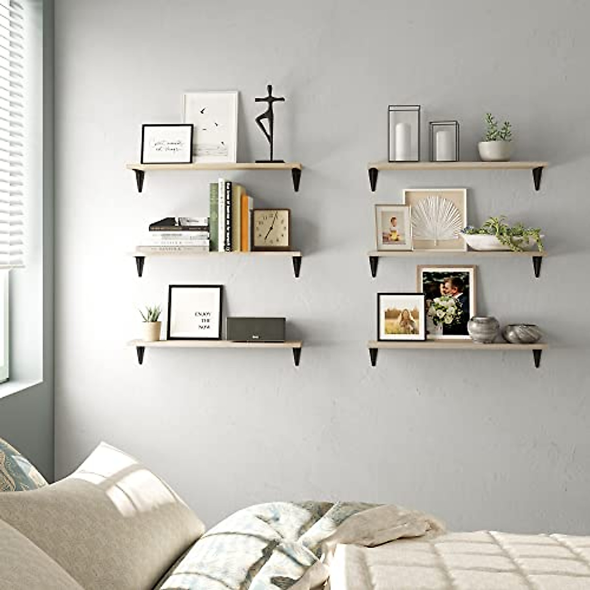 Wallniture Arras Floating Shelves, Living Room Bookshelf, Wall Shelves for Bedroom, Kitchen Organization Units & Office Wall Decor 24" Natural Wood Shelf Set of 6
