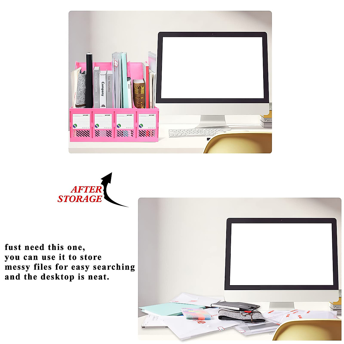 Marte Vanci Sturdy Desktop File Holder 4 Section Magazine Dividers Organizer Box Frames Document Cabinet Storage Pink