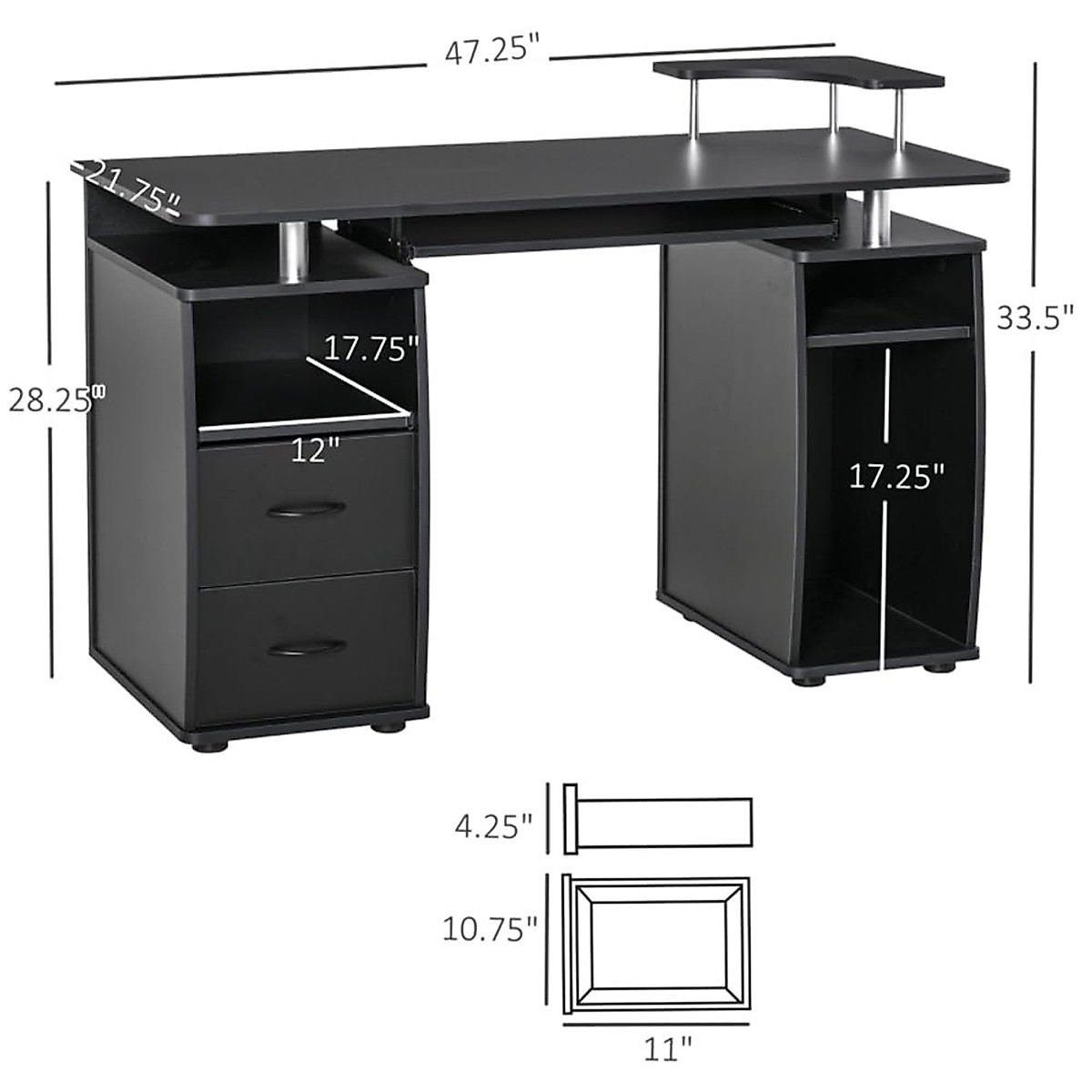 Black Computer Desk with Storage Shelves Monitor Stand Keyboard Tray, Home Office Desk, Simple Modern Style Laptop Desk for Small Space, Office Desk with Adjustable Monitor Stand Study Writing Table