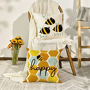 AVOIN colorlife Bee Happy Hello Sunshine Throw Pillow Covers, 18 x 18 Inch Honeycomb Sunshine Summer Cushion Case for Sofa Couch Set of 4