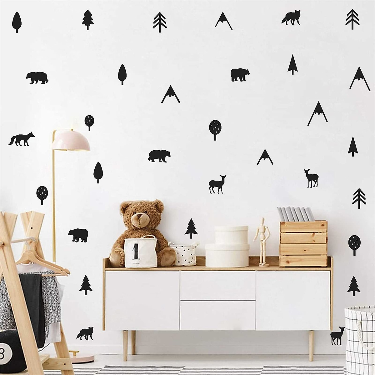 IKEYU Woodland Animals Wall Stickers Mountain Tree Wall Decals Black Vinyl Jungle Stickers Forest Animals Wall Decals for Kids Room Nursery Bedroom Decor