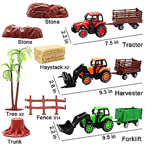3 Pack Farm Toy Tractor with 40pcs Plastic Animals Figurines and Fence Playset, Farm Figures Farmer Vehicle Toy Truck with Trailer for 3-12 Years Old Kids Boys Girls Toddlers