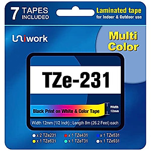Uniwork TZe-231 7-Pack Compatible Label Tapes Replacement for Brother P Touch TZe231 TZe 231 431 531 631 731 931 P Touch Laminated 12mm 0.47 Inch for Ptouch PT-D210 H110 D400 Label Maker, Multi Color