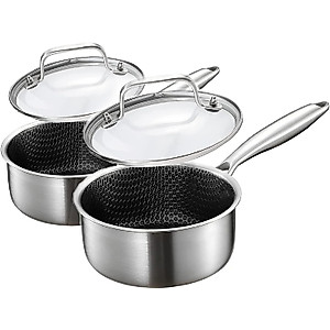 LOLYKITCH 1.5-2.5 QT Hybrid Tri-Ply Stainless Steel Saucepan Set with lids,Sauce Pots,Induction Pots and Pans Set,Anti-Scratch,Dishwasher and Oven Safe.