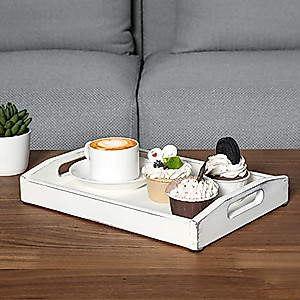 MyGift Vintage Rustic Whitewashed Wood Nesting Serving Trays/Decorative Ottoman Trays with Oval Cutout Handles, Set of 3