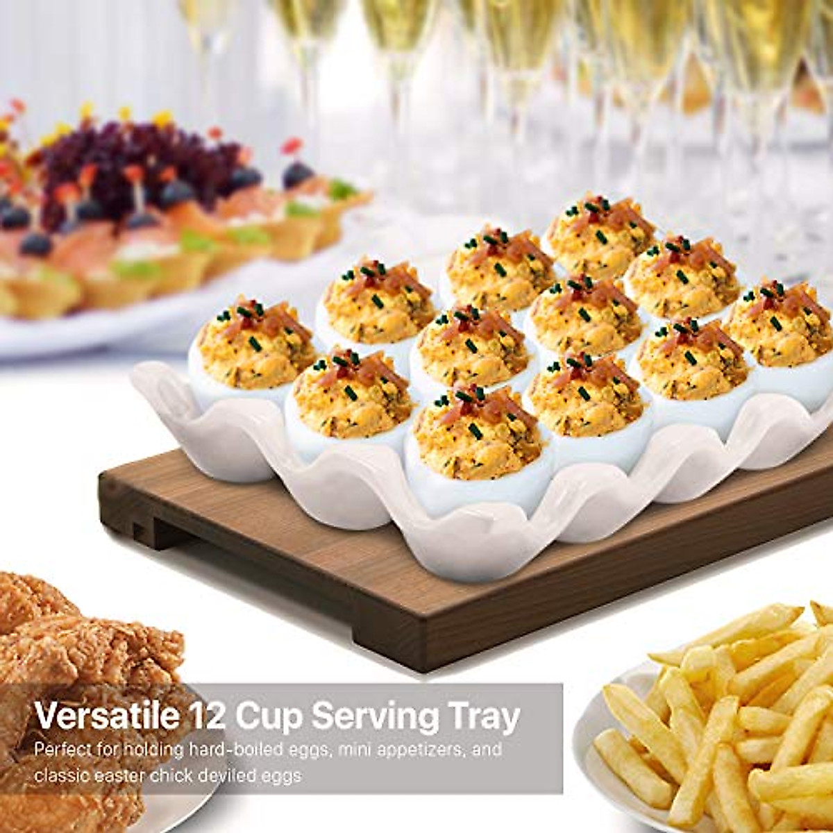 Flexzion Ceramic 12 Cups Egg Tray - Whole Dozen Porcelain Egg Holder Container Keeper Storage Organizer Decorative Serving Stand Serveware for Refrigerator Fridge Countertop Display Kitchen (White)