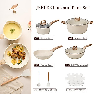 JEETEE Pots and Pans Set Non Stick, White Granite Kitchen Cookware Set, 14 Pcs Induction Cooking Set w/Frying Pans & Saucepans(PFAS/PTFE/PFOS/PFOA Free)