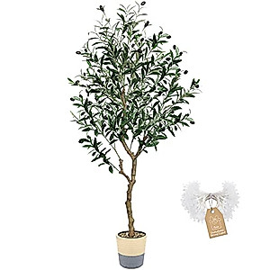 Kayfia Artificial Olive Tree 4.3FT Tall Fake Tree Silk with Rope Woven Basket Free Snowflake Light Strip and Olive Branches Tall Faux Plants for Modern Office Living Room Entryway Home Decor Indoor