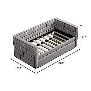 SIYAHOME Twin Size Daybed with Trundle, Upholstered Daybed with Padded Back, Space-Saving Design, Built-in Solid Slat Support for Kids Teens Bedroom, No Box Spring Needed, Grey