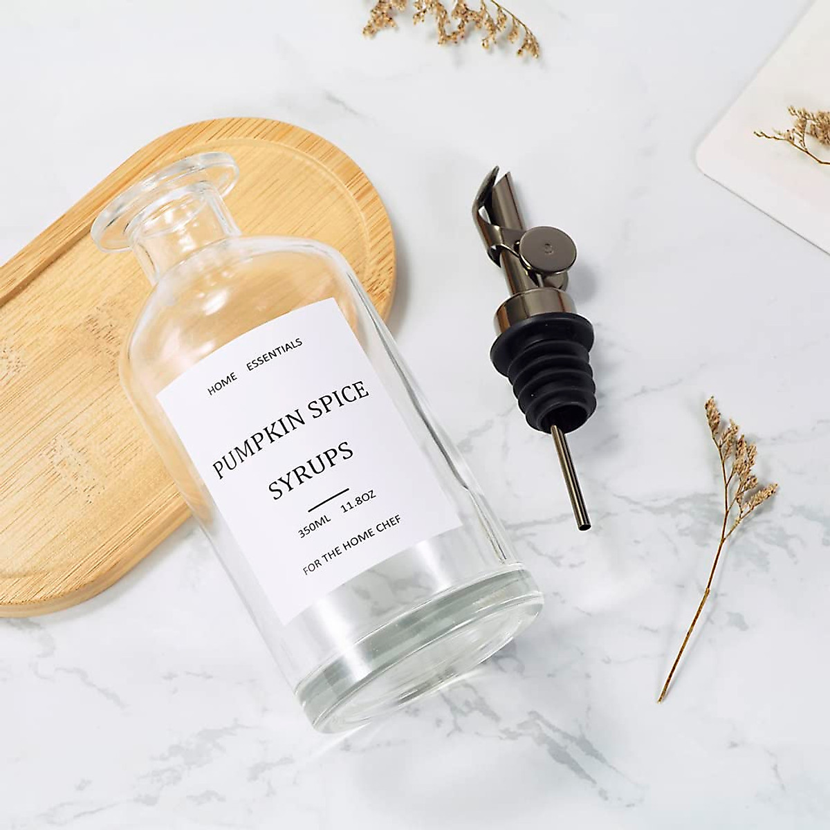 Olive Oil Dispenser Bottle for Kitchen, Coffee Syrup Dispenser w. Weighted Pourer, Glass Bottle Dispenser for Kitchen, Olive Oil Cruet, Glass Olive Olive Bottle | Set of 2 (Gold)