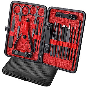 Manicure Set-Stainless Steel Nail Care Set-Professional Ingrown Toenail Clipper Grooming Tool-Pedicure Kit & Toe Nail Cutter-Thick Nail Scissors Toiletries with Cuticle Trimmer (Black&Red 18 In 1)